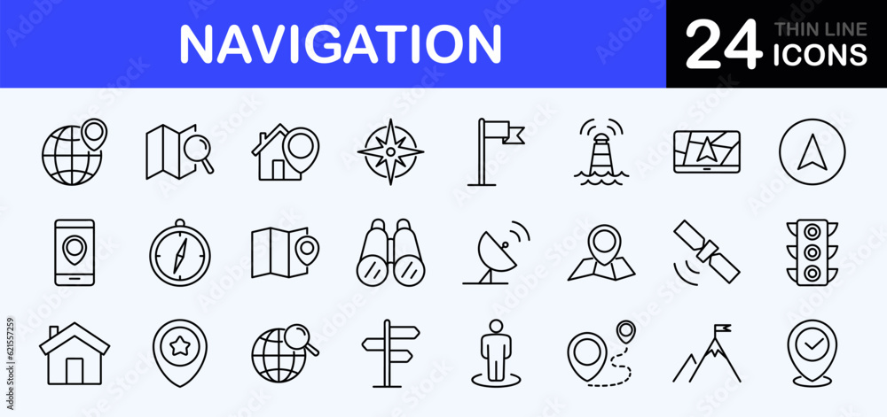 Navigation web icons set. Locations - simple thin line icons collection ...