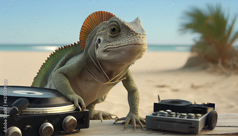 funny Iguana dj near turntable on music beach outdoor party. Cute ...