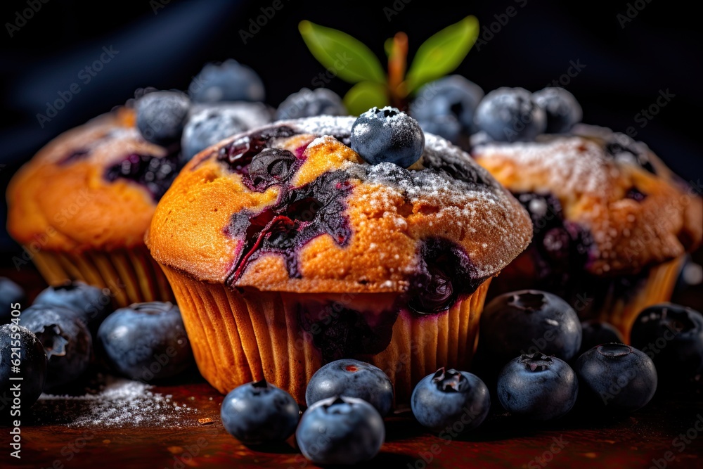 Blueberry muffins with powdered sugar and blueberries. Generative AI ...