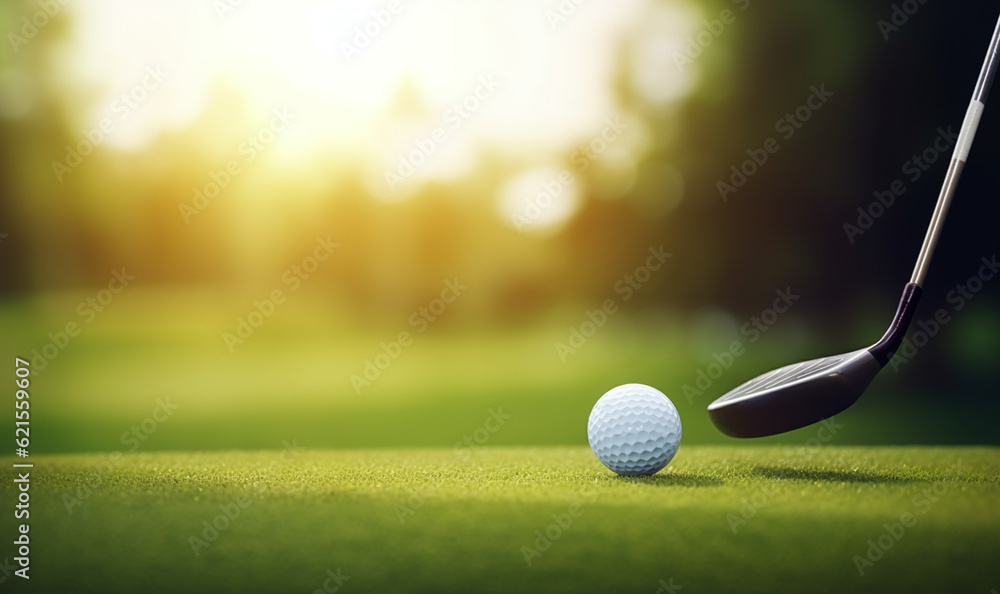 Close-up golf ball on tee with fairway golf course background. copy ...