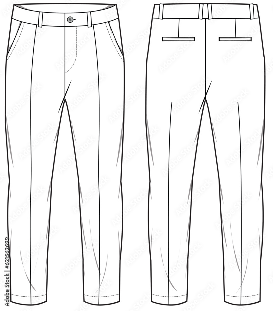 Men's formal trouser pant front and back view flat sketch fashion ...