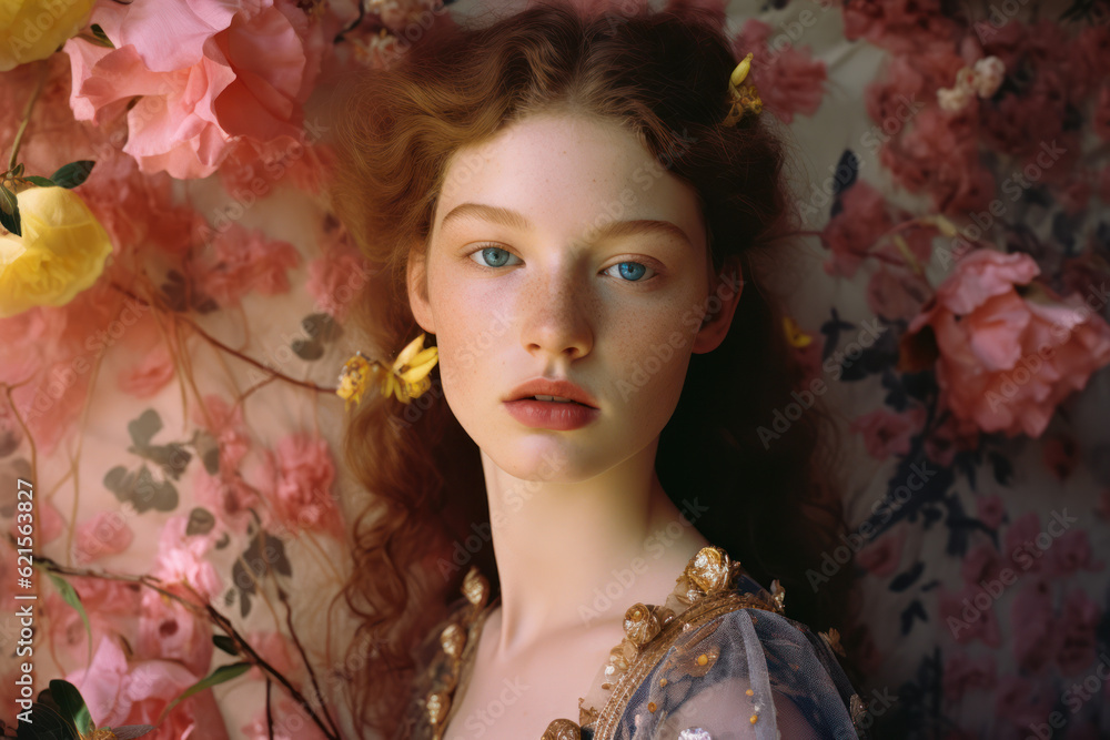 portrait of a woman/model/book character standing in front of floral ...