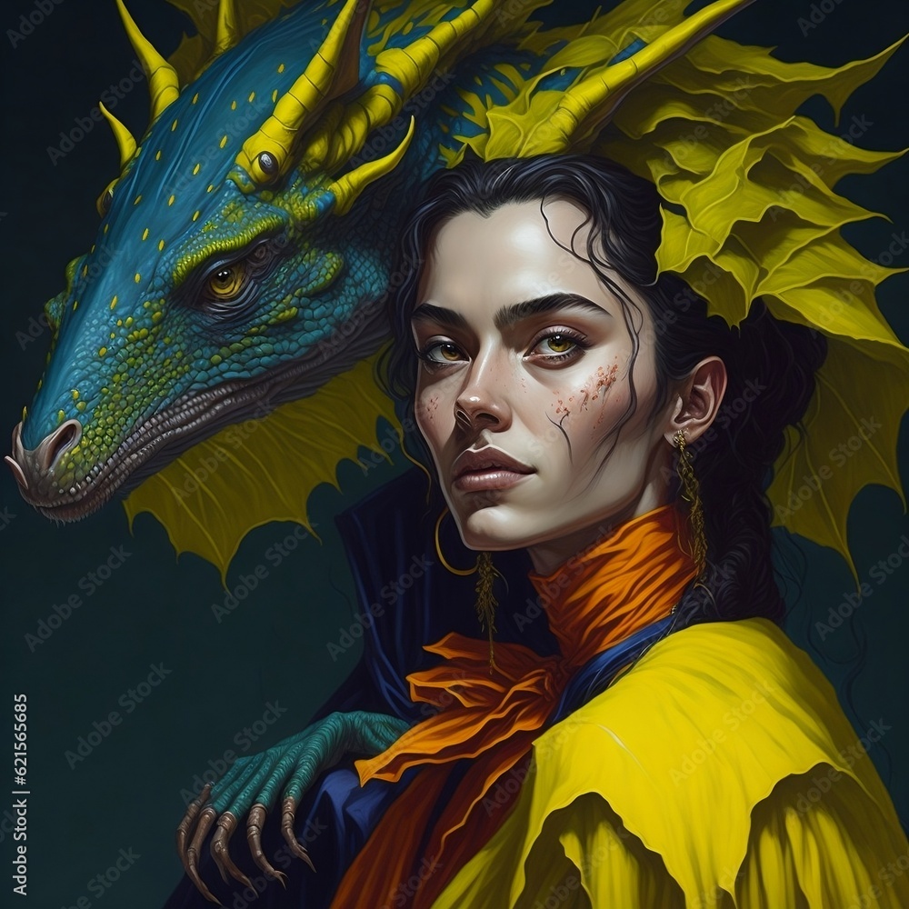 Beautiful woman with black hair and her dragon pet, fantasy creature ...