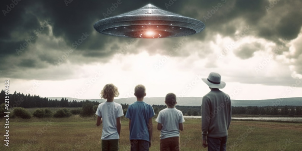 Rear view of paranoid family wearing tinfoil hats and looking at ufo in ...