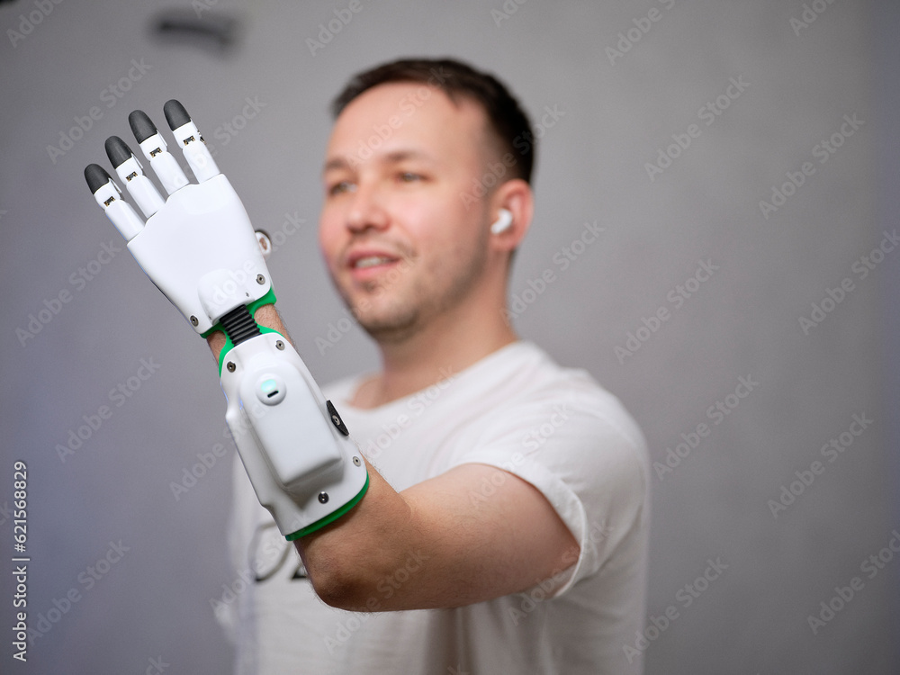 Cyberpunk Future: A man with a modern cybernetic prosthetic arm Stock ...
