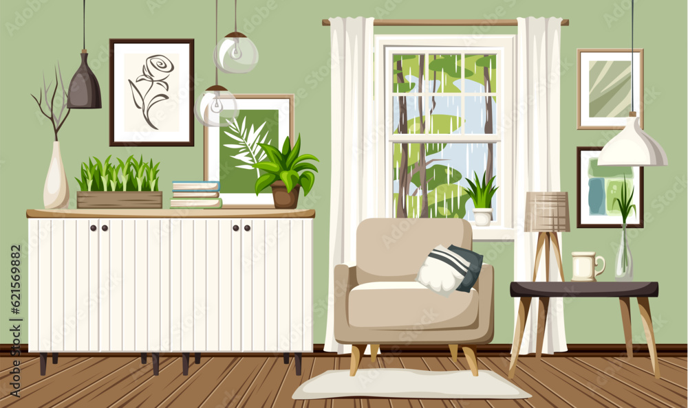 Living room interior design with green walls, an armchair, a white ...
