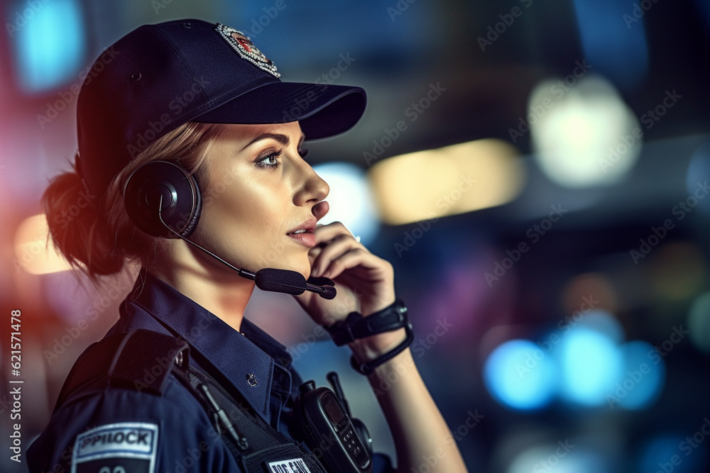 female police officer speaking on the radio with police car behind her ...