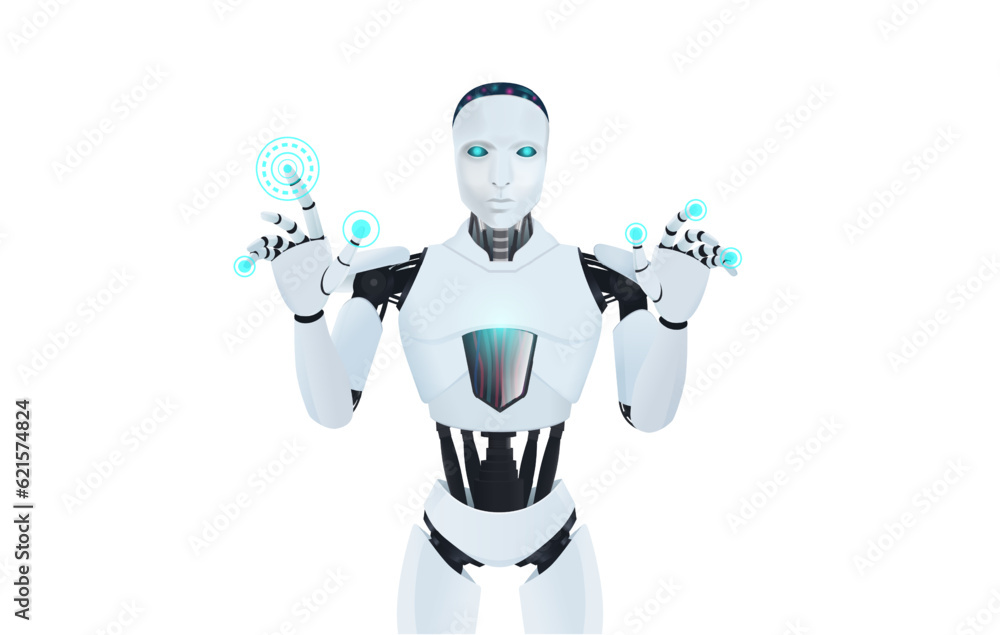 AI robot in posture controls something by standing and pressing a ...