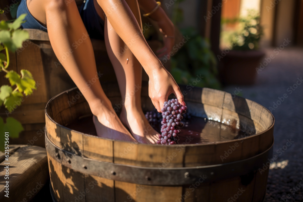 Women's feet trample grapes in a wooden barrel. Photorealistic illustration of Generative AI ...