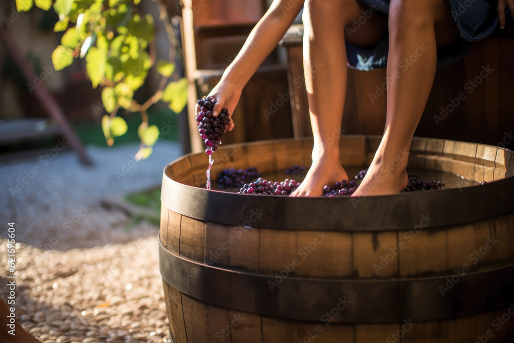 Women's feet trample grapes in a wooden barrel. Photorealistic ...