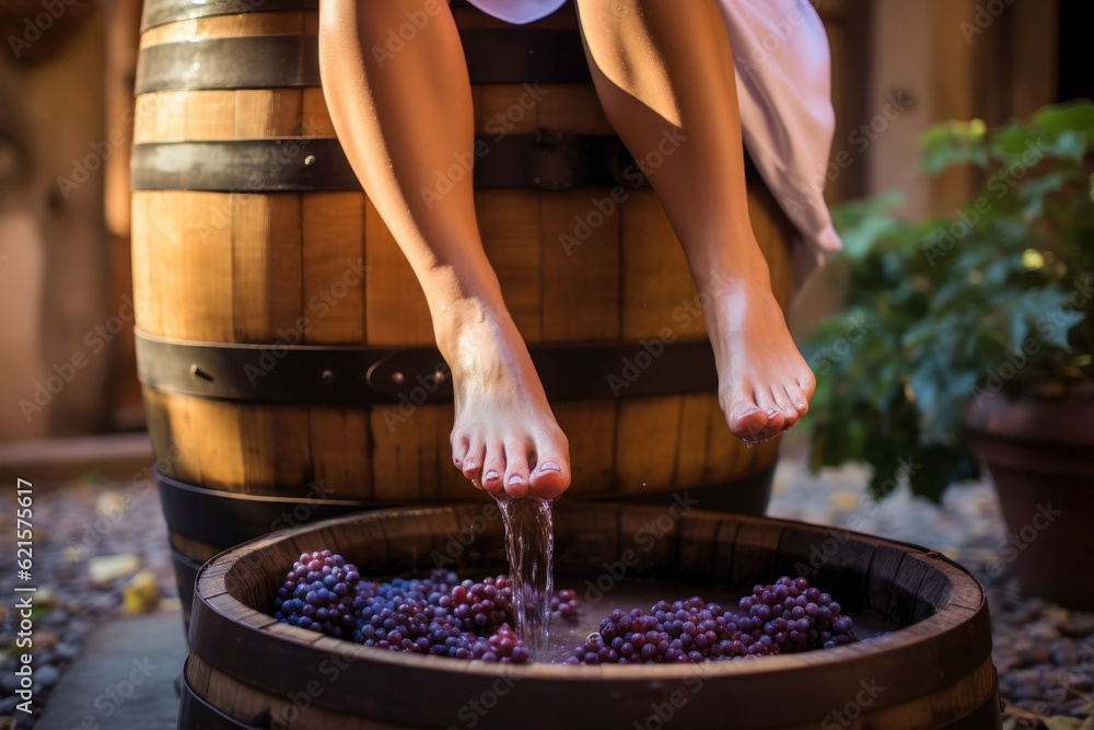 Women's feet trample grapes in a wooden barrel. Photorealistic ...