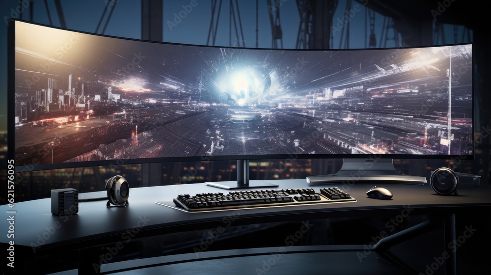 An ultrawide curved gaming monitor displaying an immersive virtual ...
