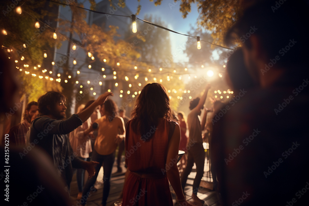 people in a party outside on the balcony with lights and dancing with ...