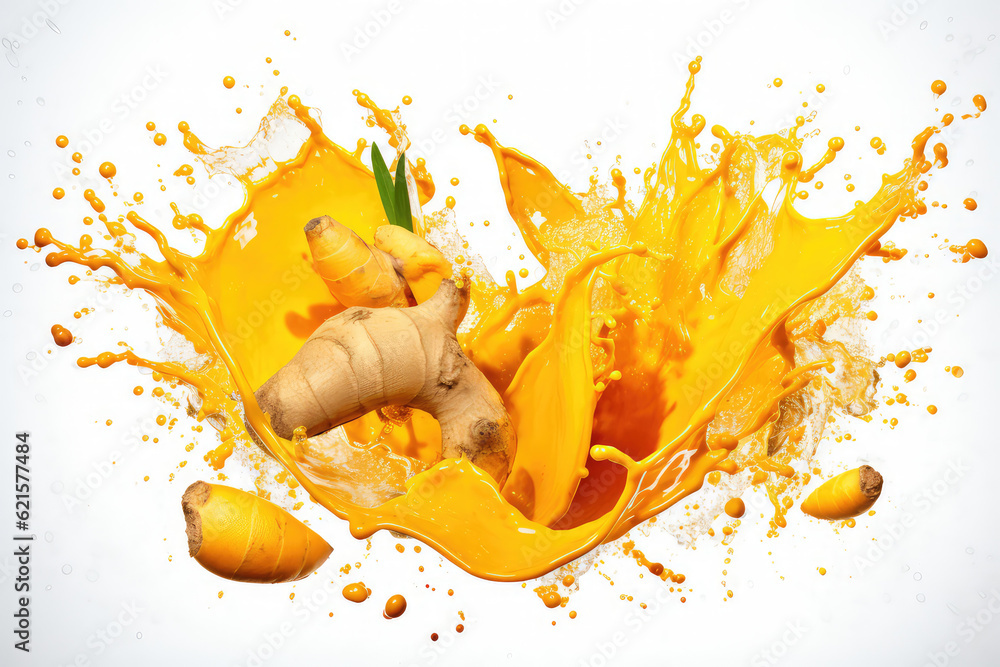 Fresh Turmeric and water splash with green leaves isolated on white ...