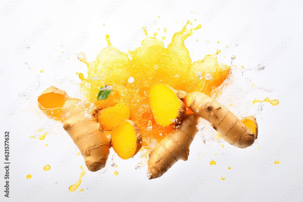 Fresh Turmeric and water splash with green leaves isolated on white ...