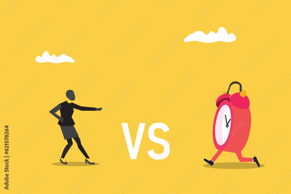 Business woman fighting against time clock. Concept of Business ...