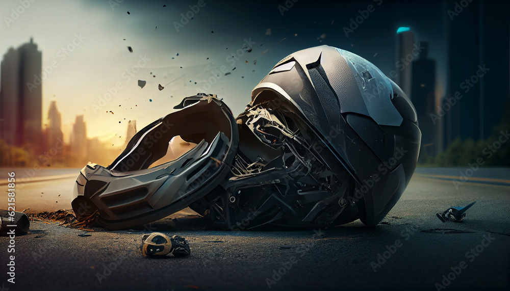 Motorcycle crash road accident with broken motorbike and helmet. City ...
