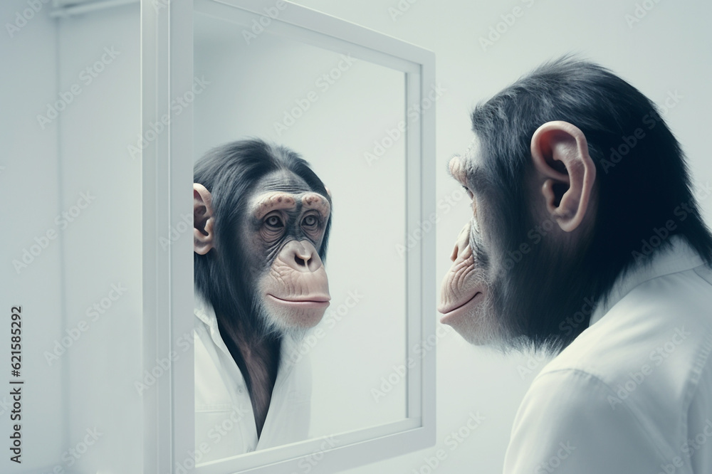 Closeup portrait of anthropomorphic cute chimpanzee looking in the ...