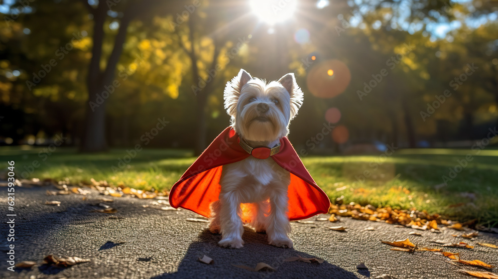Superpet dog as superhero with cape background. Ultrarealistic photo of ...