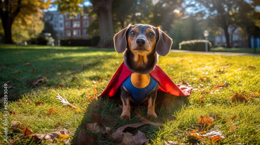 Superpet dog as superhero with cape background. Ultrarealistic photo of ...