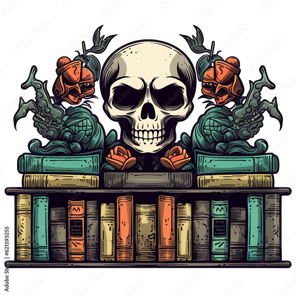 Cartoon Skull on Bookshelf with Plants and Books, Isolated Illustration ...
