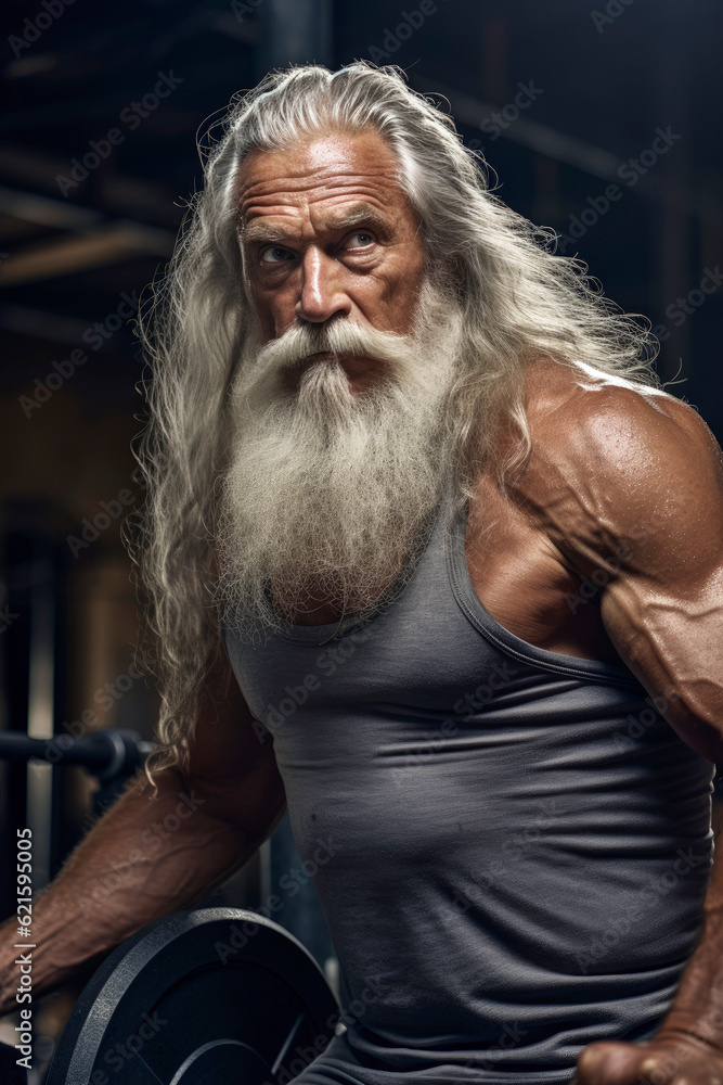 Generative AI illustration of very muscular old man with long gray hair ...