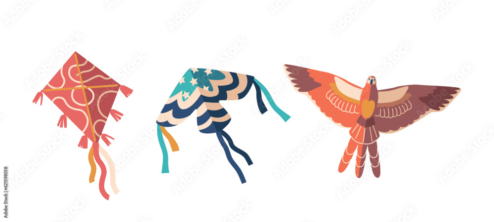 Colorful Set Of Kites With Varying Designs And Sizes Isolated On White ...