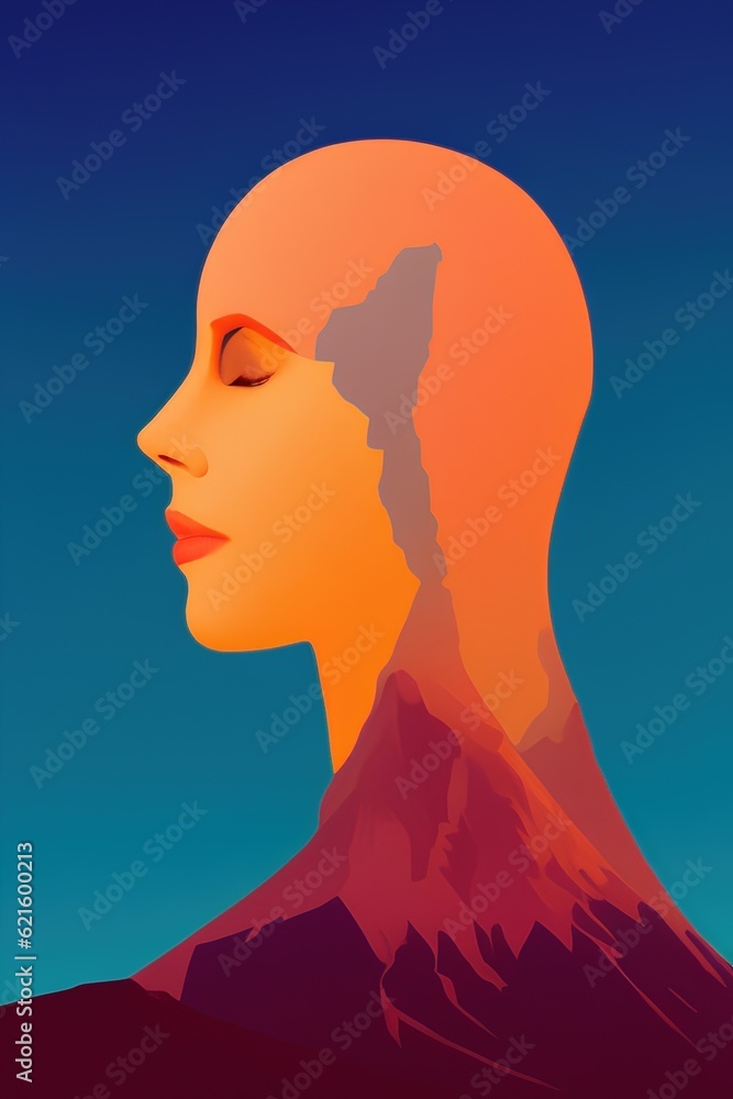 Generative AI, abstract design of woman fused with an active volcano ...