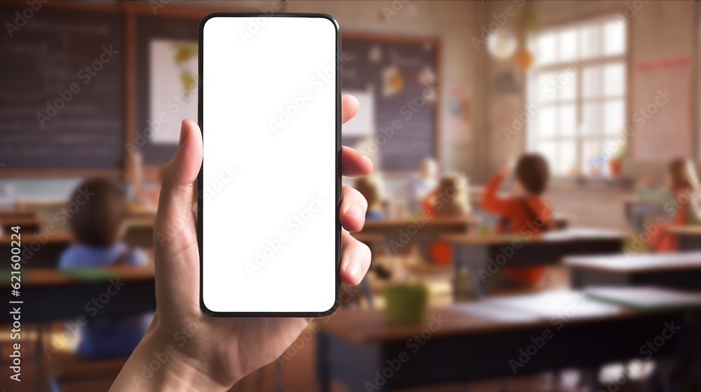 School education, online teaching app, phone with blank screen with ...
