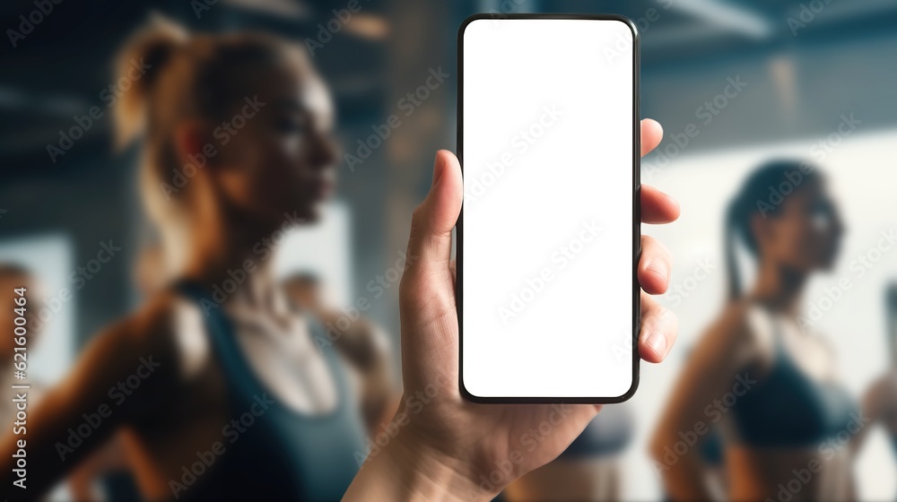 Hand holding smartphone with fitness app mockup, online workout ...