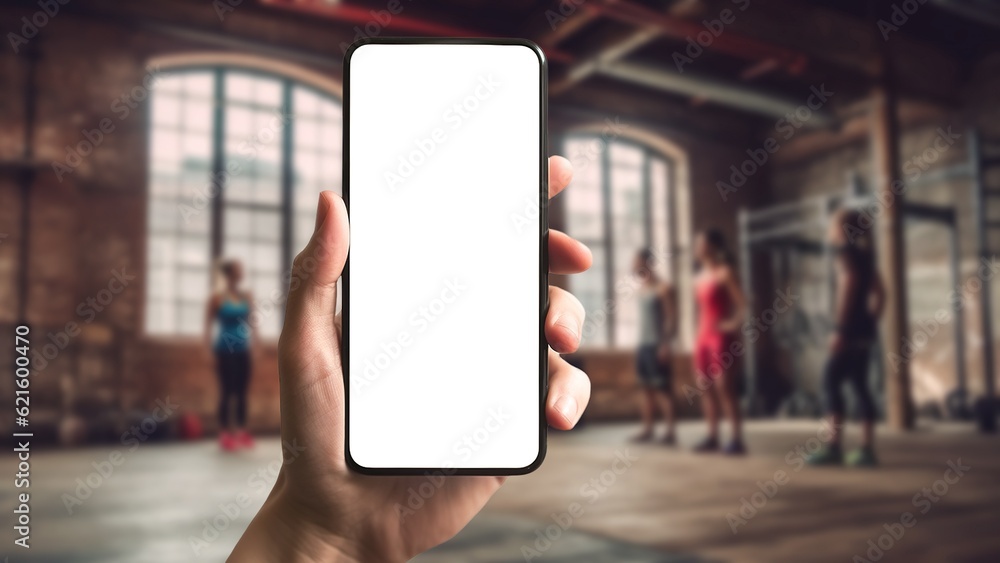Hand holding smartphone with fitness app mockup, online workout ...