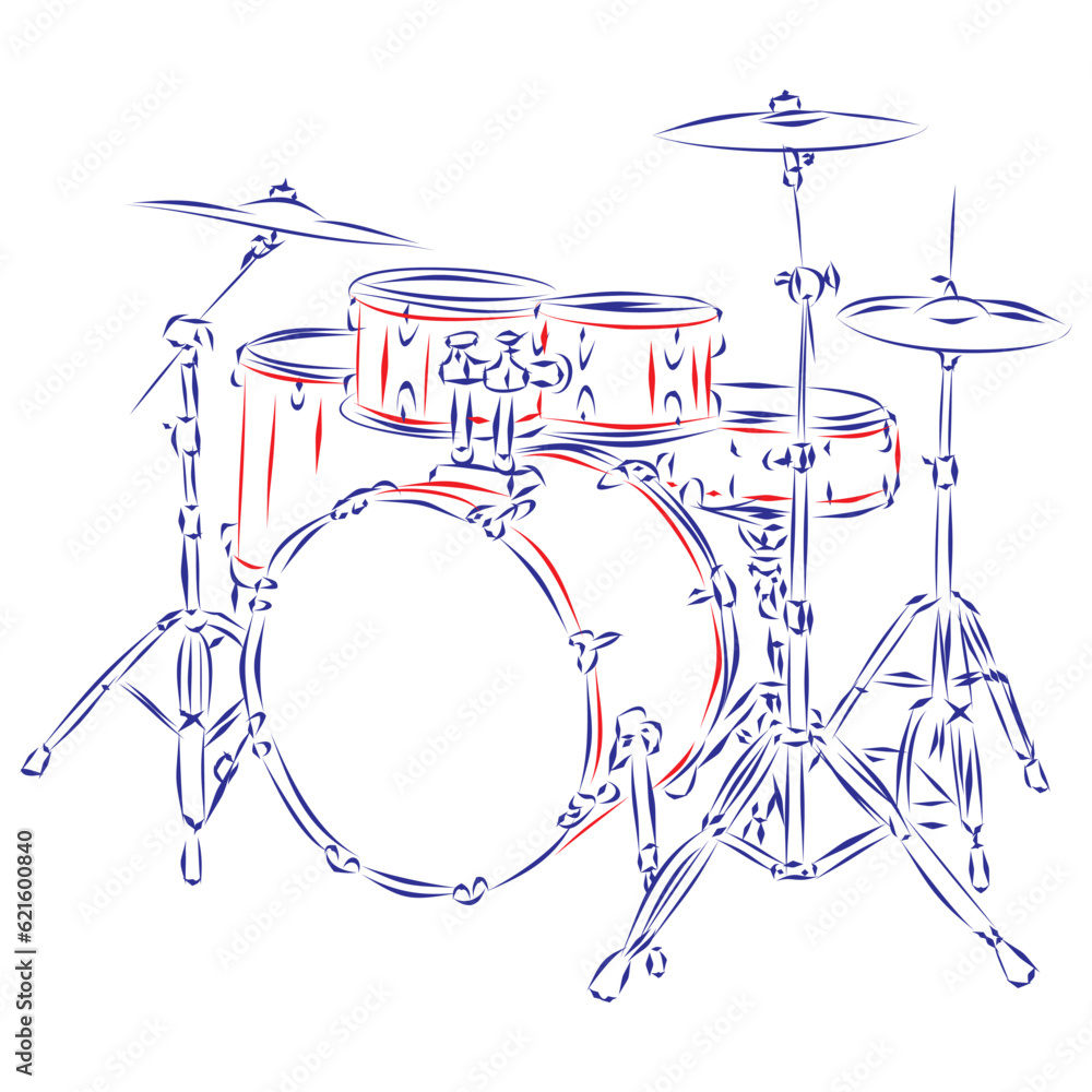 Continuous line drawing of a drum set, isolated on white. Hand drawn ...