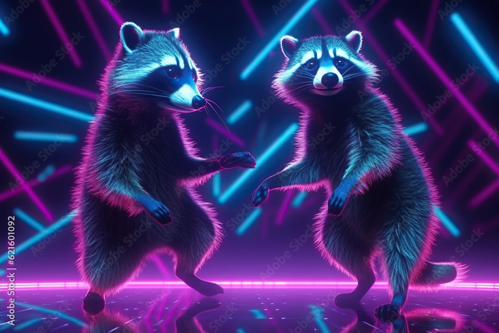 Two cute raccoons dancing in disco with cool moves under neon lights ...