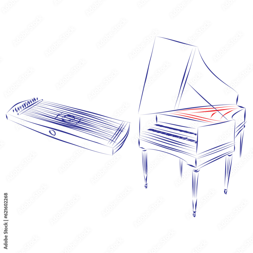 Continuous line drawing of a monochord and a harpsichord, isolated on ...