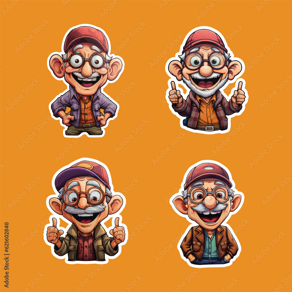 Happy old man stickers collection illustration. Happy old people ...