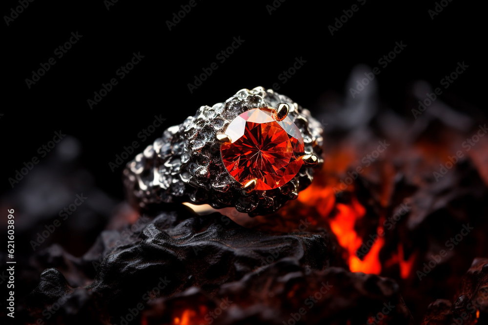Diamond ring, dark rock and burning hot background. Created with ...