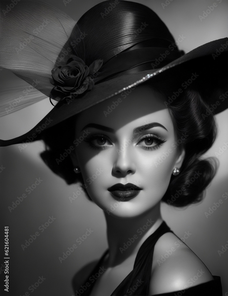 Generative ai of classic pretty woman wearing a hat, black and white ...