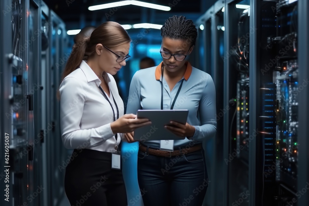 Women with a tablet for examine cyber security at server room, Database ...