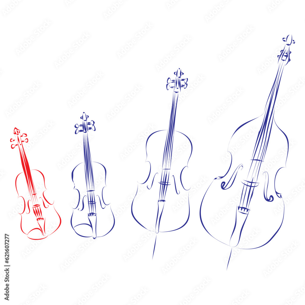 Continuous line drawing of the bowed strings family of instruments ...