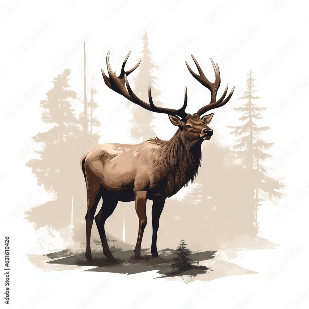 a large elk standing in the middle of a forest filled with tall grass ...