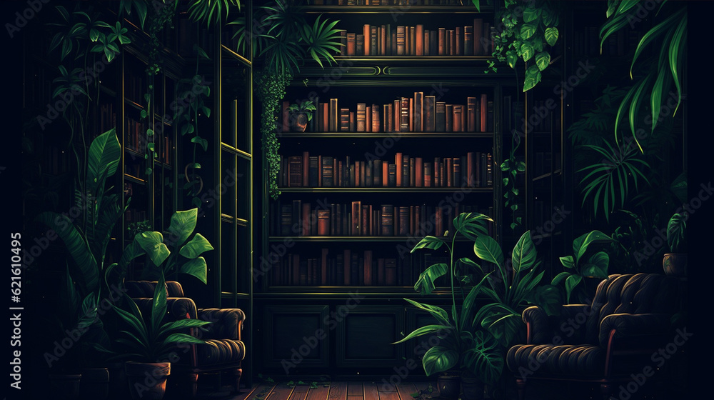books in the night dark green library with plants Stock Illustration ...