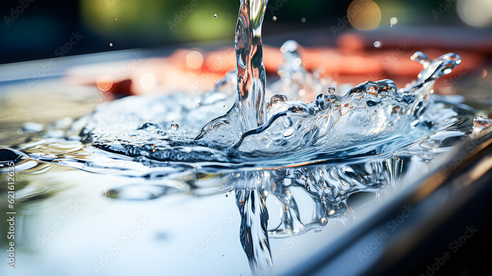 Water jet falling and forming a splash and water drops flying. Stock ...