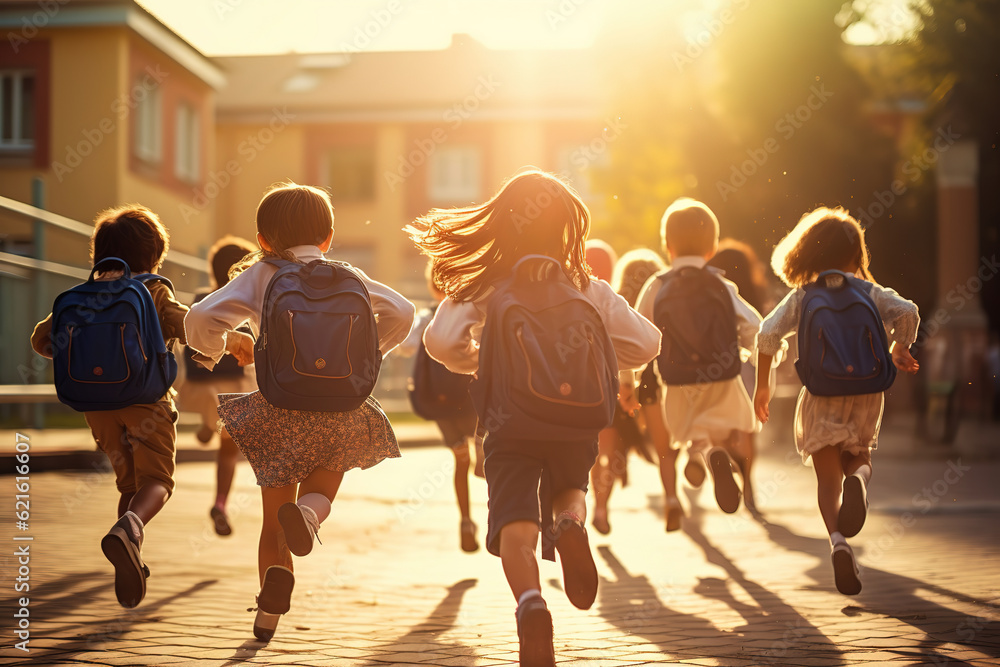 Elementary school kids running at school, back view close up ...