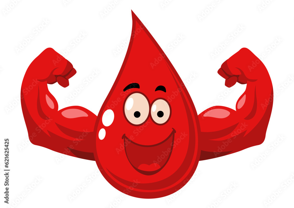 Funny cartoon character of blood drop with muscular hands, vector ...
