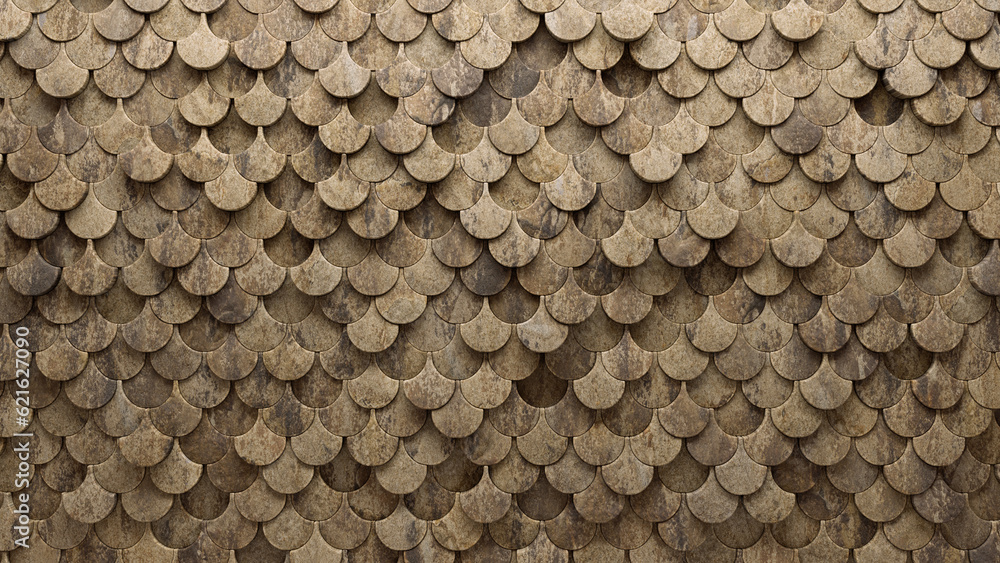 Fish Scale Tiles arranged to create a Natural Stone wall. 3D, Textured ...