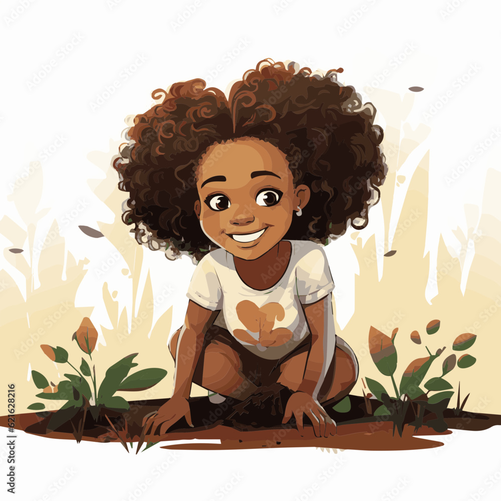 simple cartoon clipart black african american girl child in nature ...