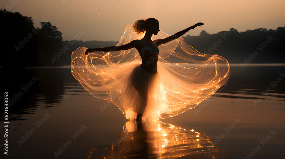 light painting photo ballet dancer dancing on the lake Stock Photo ...