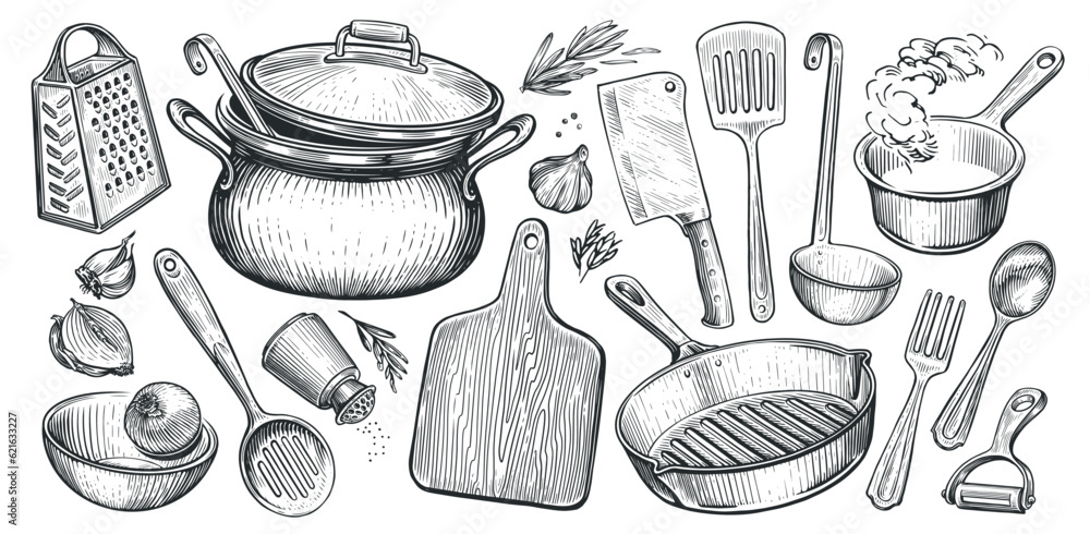 Set of kitchen utensils for cooking. Food concept. Sketch vintage ...