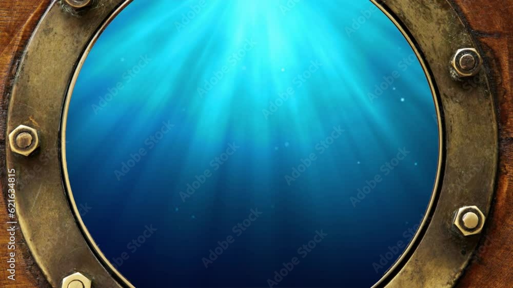 Ship Bronze window View to the Deep Blue Ocean with Sun Rays Underwater ...