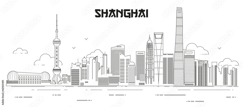 Shanghai skyline line art vector illustration Stock Vector | Adobe Stock